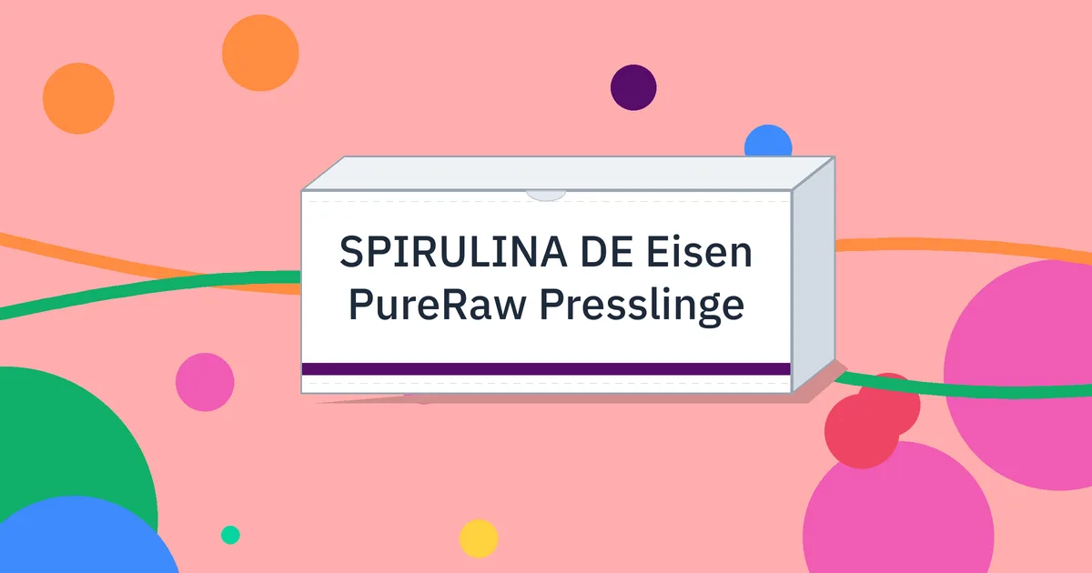 Symbolbild: Packung mit der Aufschrift SPIRULINA DE Eisen PureRaw Presslinge (PZN 16805763) – Verfügbarkeit und Bezug in Apotheken in Frankfurt am Main
