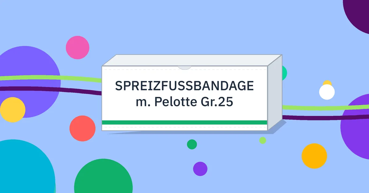 Symbolbild: Packung mit der Aufschrift SPREIZFUSSBANDAGE m. Pelotte Gr.25 (PZN 01736602) – Verfügbarkeit und Bezug in Apotheken in Frankfurt am Main