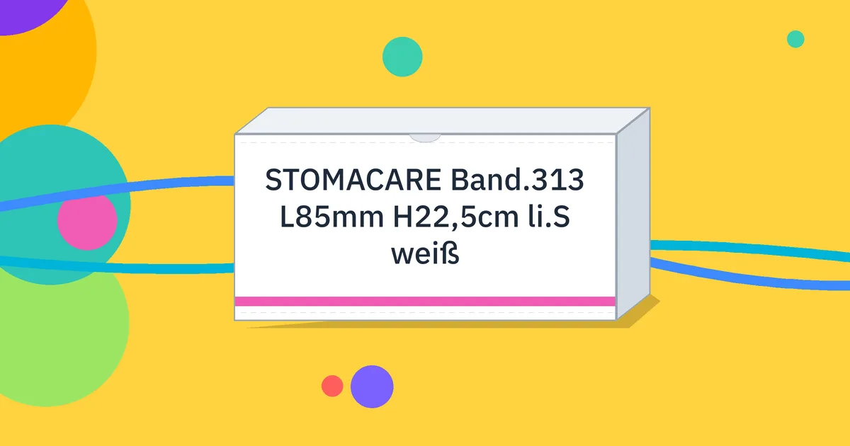 Symbolbild: Packung mit der Aufschrift STOMACARE Band.313 L85mm H22,5cm li.S weiß (PZN 09436845) – Verfügbarkeit und Bezug in Apotheken in Frankfurt am Main
