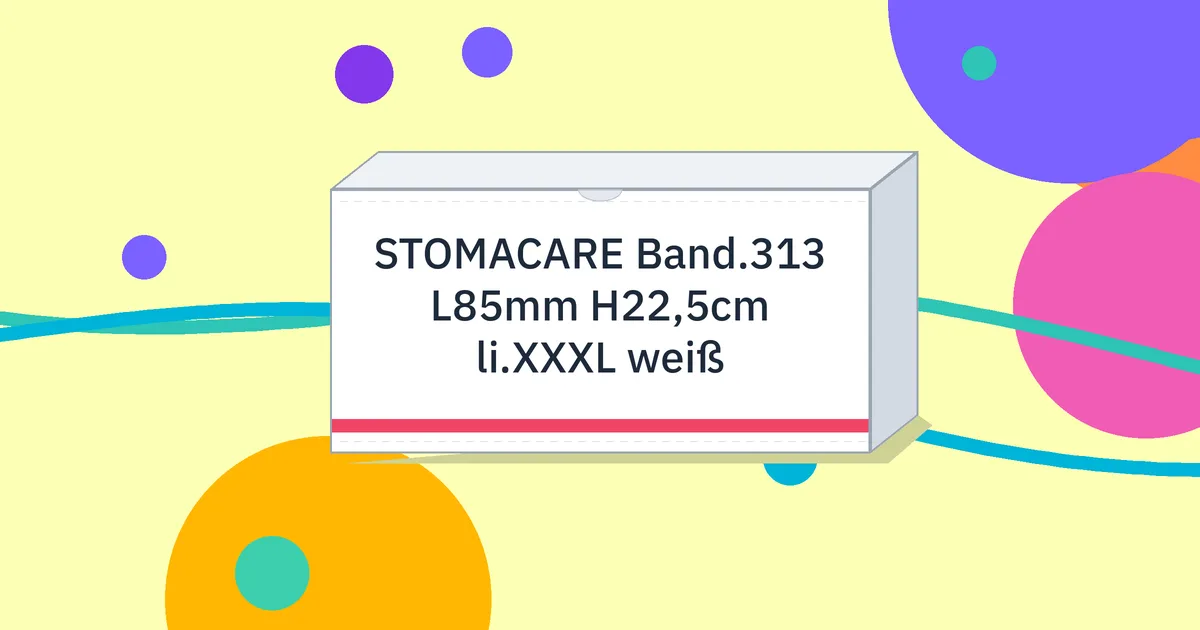 Symbolbild: Packung mit der Aufschrift STOMACARE Band.313 L85mm H22,5cm li.XXXL weiß (PZN 09436897) – Verfügbarkeit und Bezug in Apotheken in Frankfurt am Main
