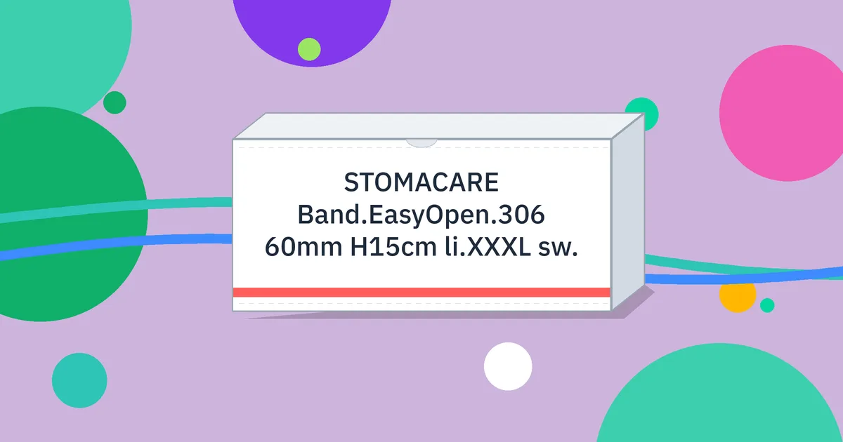 Symbolbild: Packung mit der Aufschrift STOMACARE Band.EasyOpen.306 60mm H15cm li.XXXL sw. (PZN 09437425) – Verfügbarkeit und Bezug in Apotheken in Frankfurt am Main