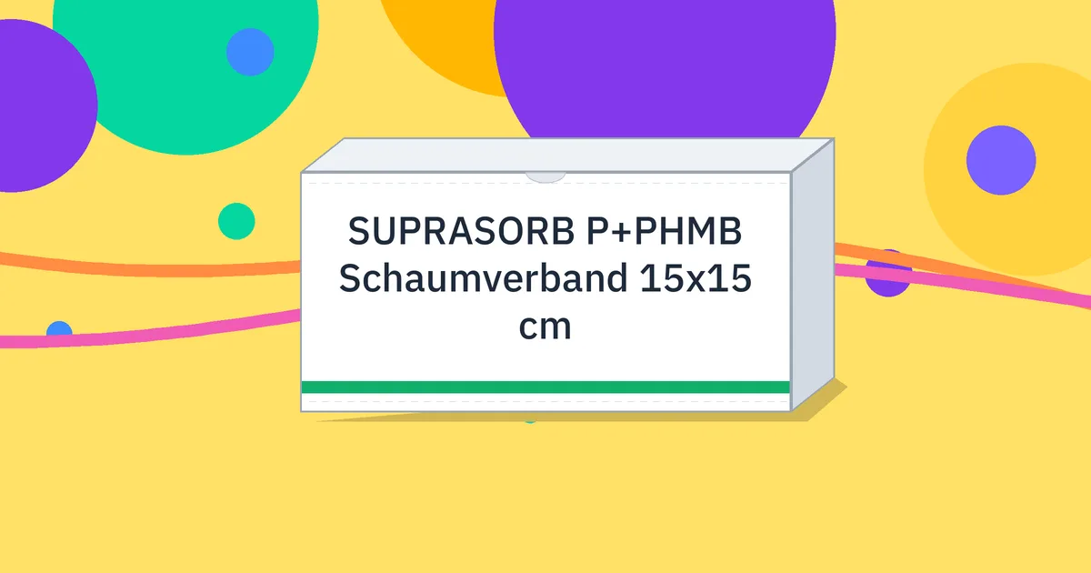Symbolbild: Packung mit der Aufschrift SUPRASORB P+PHMB Schaumverband 15x15 cm (PZN 13345522) – Verfügbarkeit und Bezug in Apotheken in Frankfurt am Main