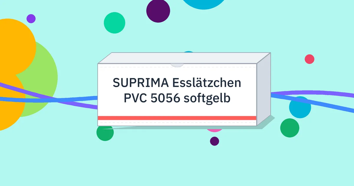 Symbolbild: Packung mit der Aufschrift SUPRIMA Esslätzchen PVC 5056 softgelb (PZN 02220303) – Verfügbarkeit und Bezug in Apotheken in Frankfurt am Main