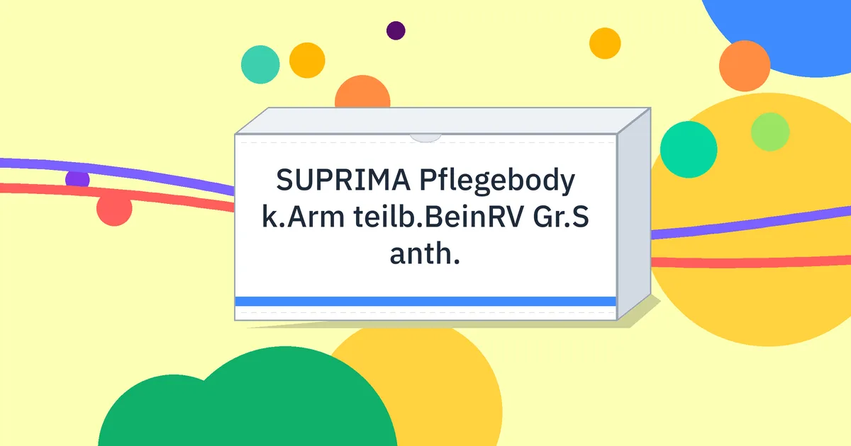 Symbolbild: Packung mit der Aufschrift SUPRIMA Pflegebody k.Arm teilb.BeinRV Gr.S anth. (PZN 10710843) – Verfügbarkeit und Bezug in Apotheken in Frankfurt am Main