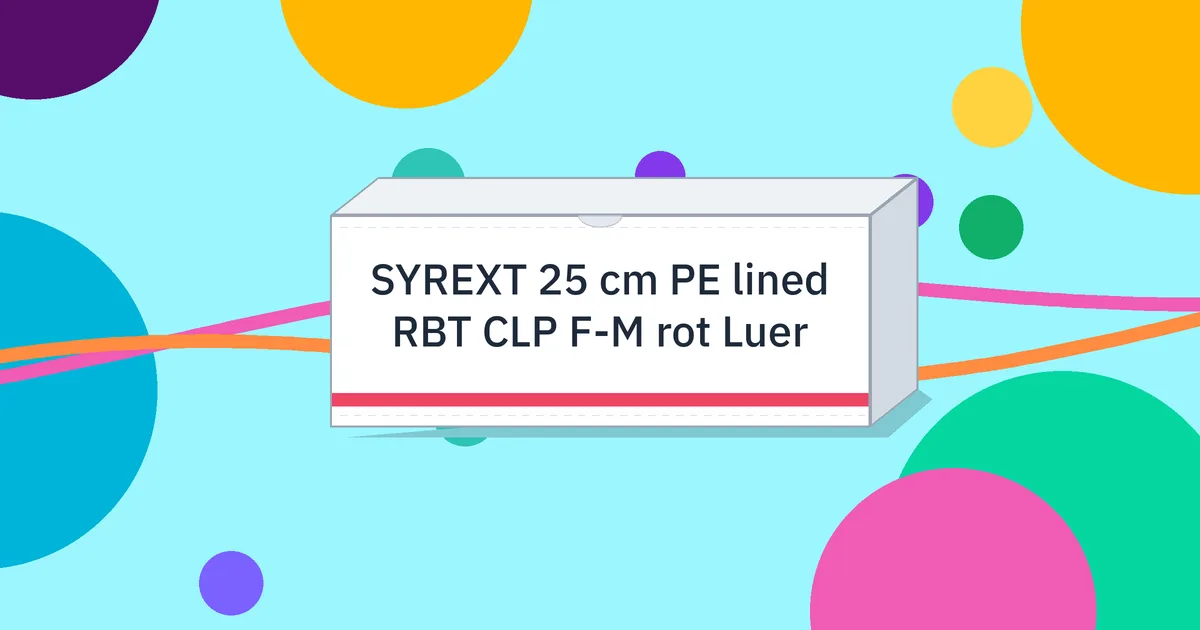 Symbolbild: Packung mit der Aufschrift SYREXT 25 cm PE lined RBT CLP F-M rot Luer (PZN 17898063) – Verfügbarkeit und Bezug in Apotheken in Frankfurt am Main