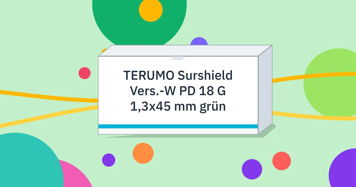 Symbolbild: Packung mit der Aufschrift TERUMO Surshield Vers.-W PD 18 G 1,3x45 mm grün (PZN 17630828) – Verfügbarkeit und Bezug in Apotheken in Frankfurt am Main