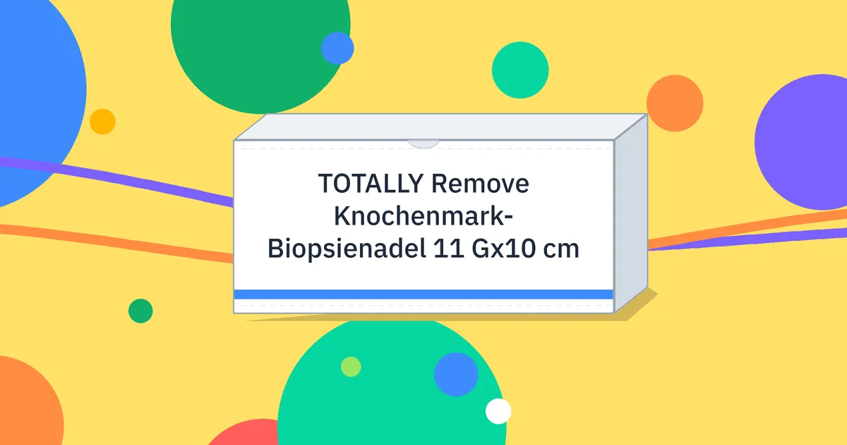 Symbolbild: Packung mit der Aufschrift TOTALLY Remove Knochenmark-Biopsienadel 11 Gx10 cm (PZN 18812081) – Verfügbarkeit und Bezug in Apotheken in Frankfurt am Main