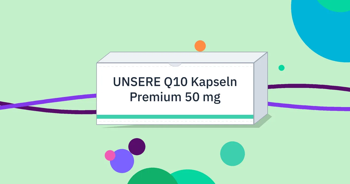Symbolbild: Packung mit der Aufschrift UNSERE Q10 Kapseln Premium 50 mg (PZN 12900192) – Verfügbarkeit und Bezug in Apotheken in Frankfurt am Main