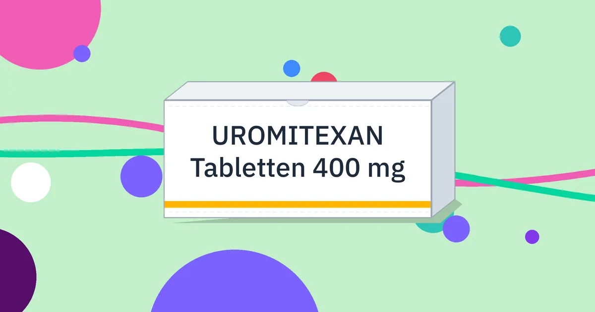 Symbolbild: Packung mit der Aufschrift UROMITEXAN Tabletten 400 mg (PZN 07713832) – Verfügbarkeit und Bezug in Apotheken in Frankfurt am Main