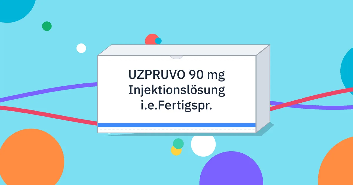 Symbolbild: Packung mit der Aufschrift UZPRUVO 90 mg Injektionslösung i.e.Fertigspr. (PZN 19289983) – Verfügbarkeit und Bezug in Apotheken in Frankfurt am Main