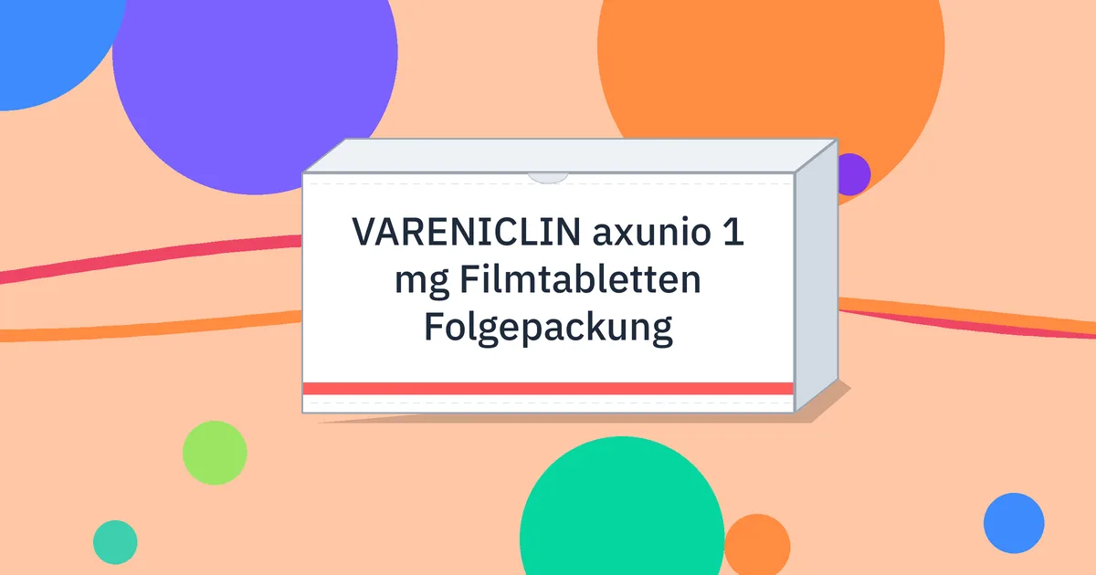 Symbolbild: Packung mit der Aufschrift VARENICLIN axunio 1 mg Filmtabletten Folgepackung (PZN 19725622) – Verfügbarkeit und Bezug in Apotheken in Frankfurt am Main
