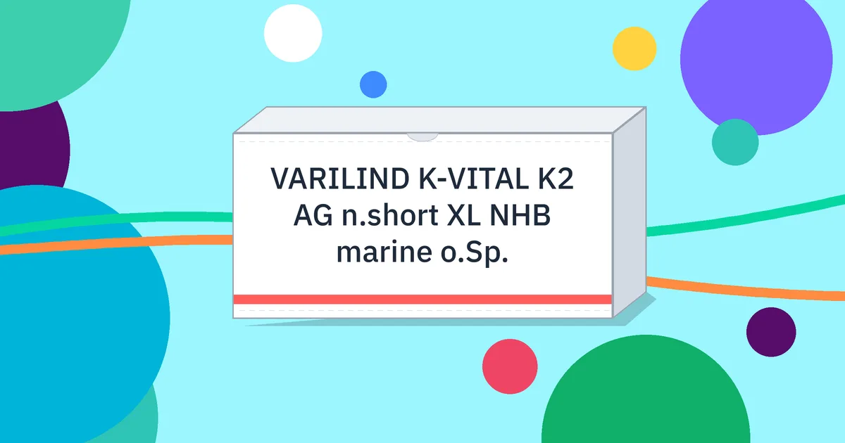 Symbolbild: Packung mit der Aufschrift VARILIND K-VITAL K2 AG n.short XL NHB marine o.Sp. (PZN 20564845) – Verfügbarkeit und Bezug in Apotheken in Frankfurt am Main
