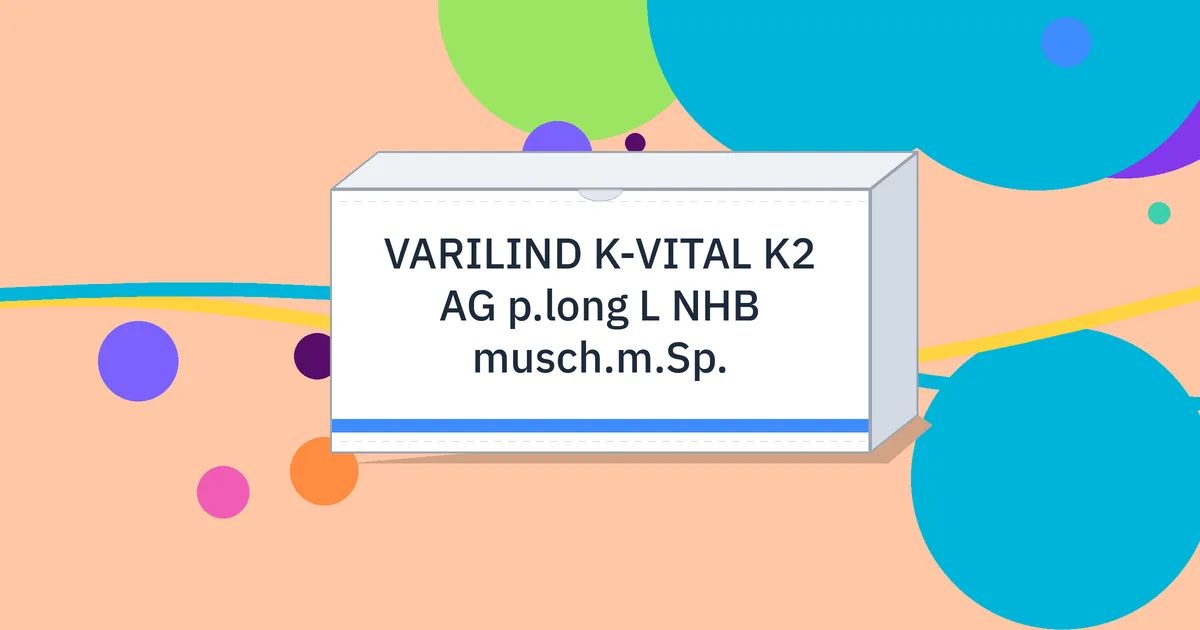 Symbolbild: Packung mit der Aufschrift VARILIND K-VITAL K2 AG p.long L NHB musch.m.Sp. (PZN 20565543) – Verfügbarkeit und Bezug in Apotheken in Frankfurt am Main