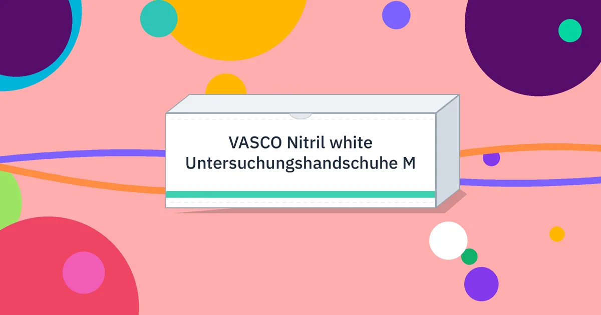 Symbolbild: Packung mit der Aufschrift VASCO Nitril white Untersuchungshandschuhe M (PZN 07789344) – Verfügbarkeit und Bezug in Apotheken in Frankfurt am Main