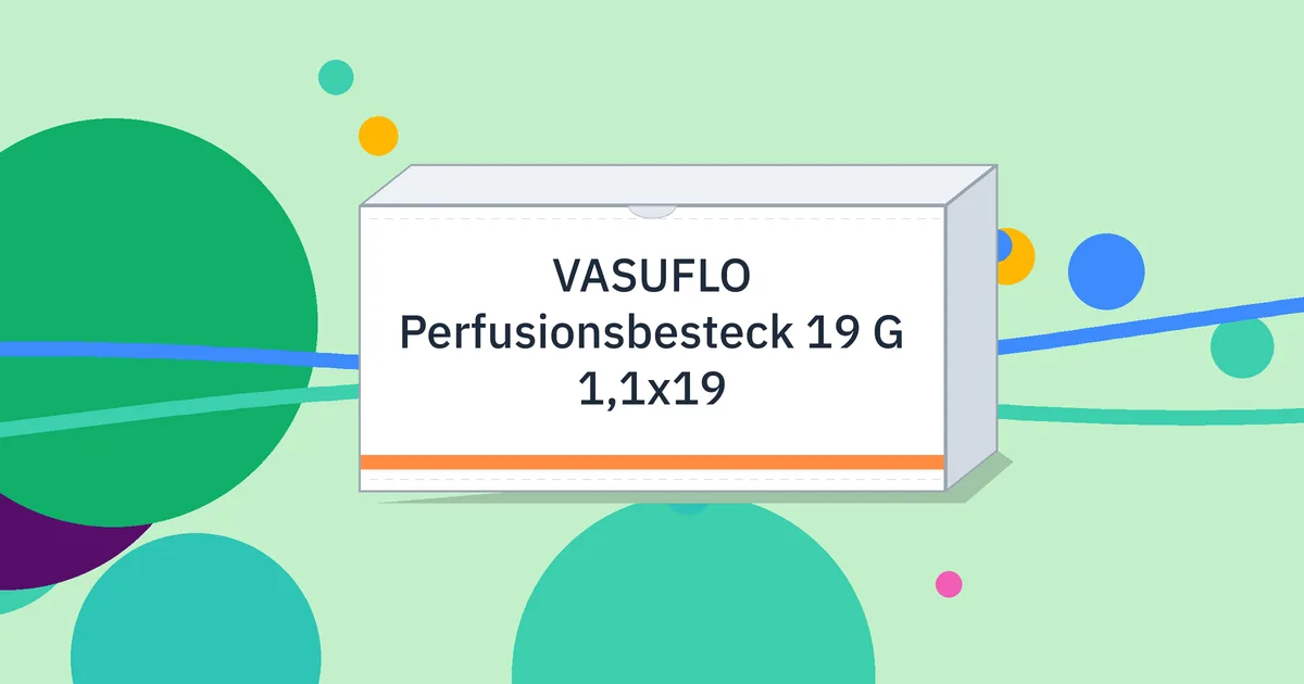 Symbolbild: Packung mit der Aufschrift VASUFLO Perfusionsbesteck 19 G 1,1x19 (PZN 03043352) – Verfügbarkeit und Bezug in Apotheken in Frankfurt am Main