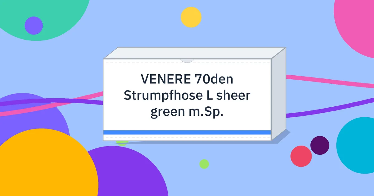 Symbolbild: Packung mit der Aufschrift VENERE 70den Strumpfhose L sheer green m.Sp. (PZN 16173429) – Verfügbarkeit und Bezug in Apotheken in Frankfurt am Main