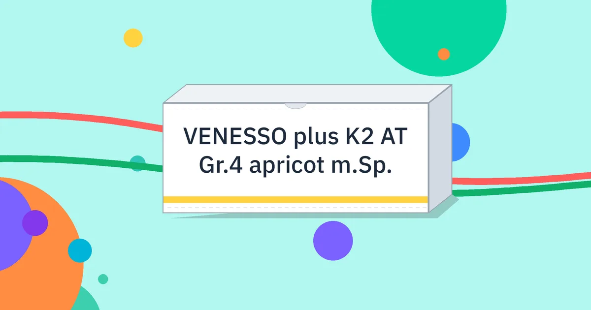 Symbolbild: Packung mit der Aufschrift VENESSO plus K2 AT Gr.4 apricot m.Sp. (PZN 03286037) – Verfügbarkeit und Bezug in Apotheken in Frankfurt am Main