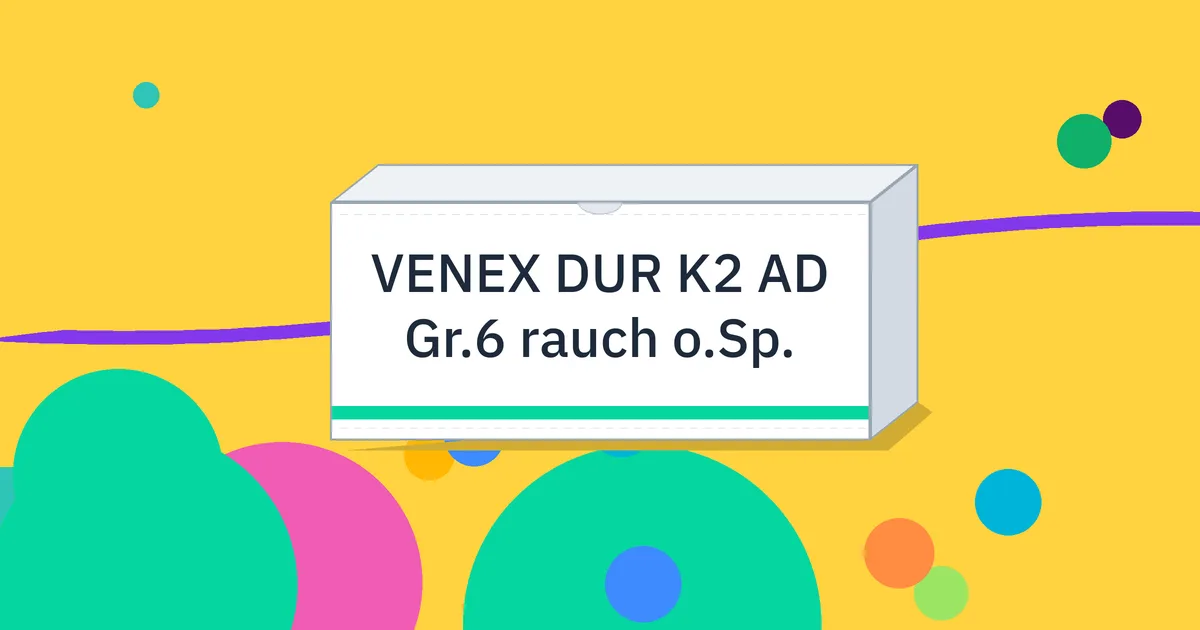 Symbolbild: Packung mit der Aufschrift VENEX DUR K2 AD Gr.6 rauch o.Sp. (PZN 03210979) – Verfügbarkeit und Bezug in Apotheken in Frankfurt am Main