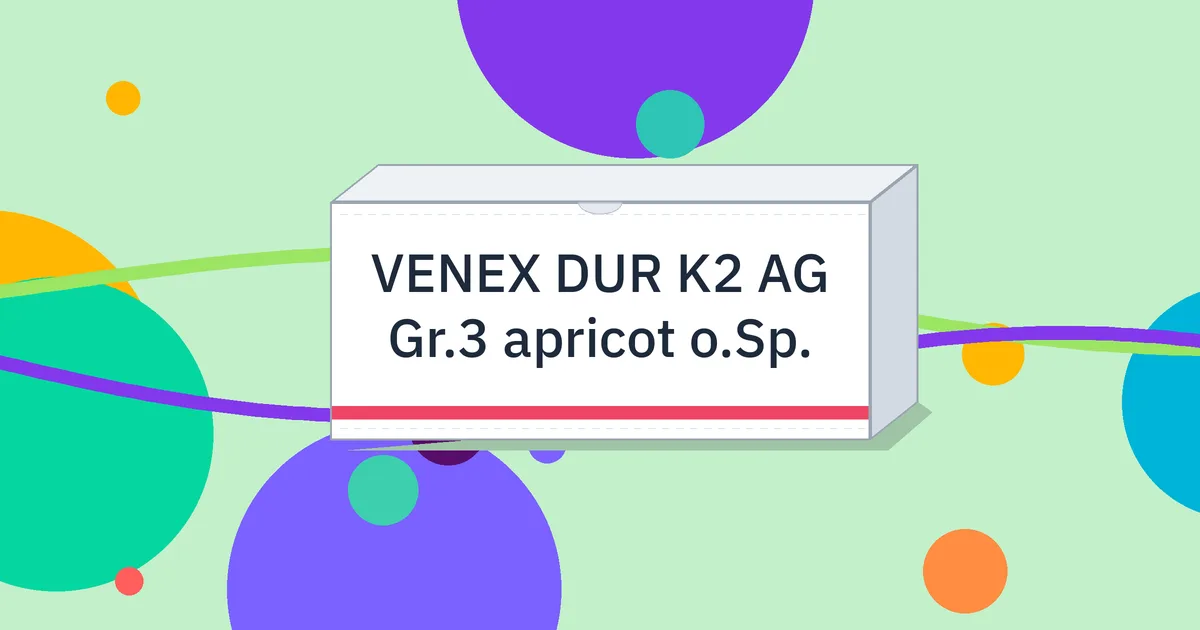 Symbolbild: Packung mit der Aufschrift VENEX DUR K2 AG Gr.3 apricot o.Sp. (PZN 03216522) – Verfügbarkeit und Bezug in Apotheken in Frankfurt am Main