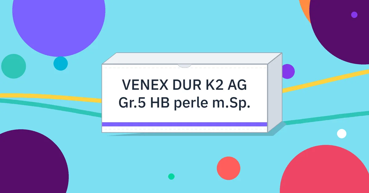 Symbolbild: Packung mit der Aufschrift VENEX DUR K2 AG Gr.5 HB perle m.Sp. (PZN 03218478) – Verfügbarkeit und Bezug in Apotheken in Frankfurt am Main
