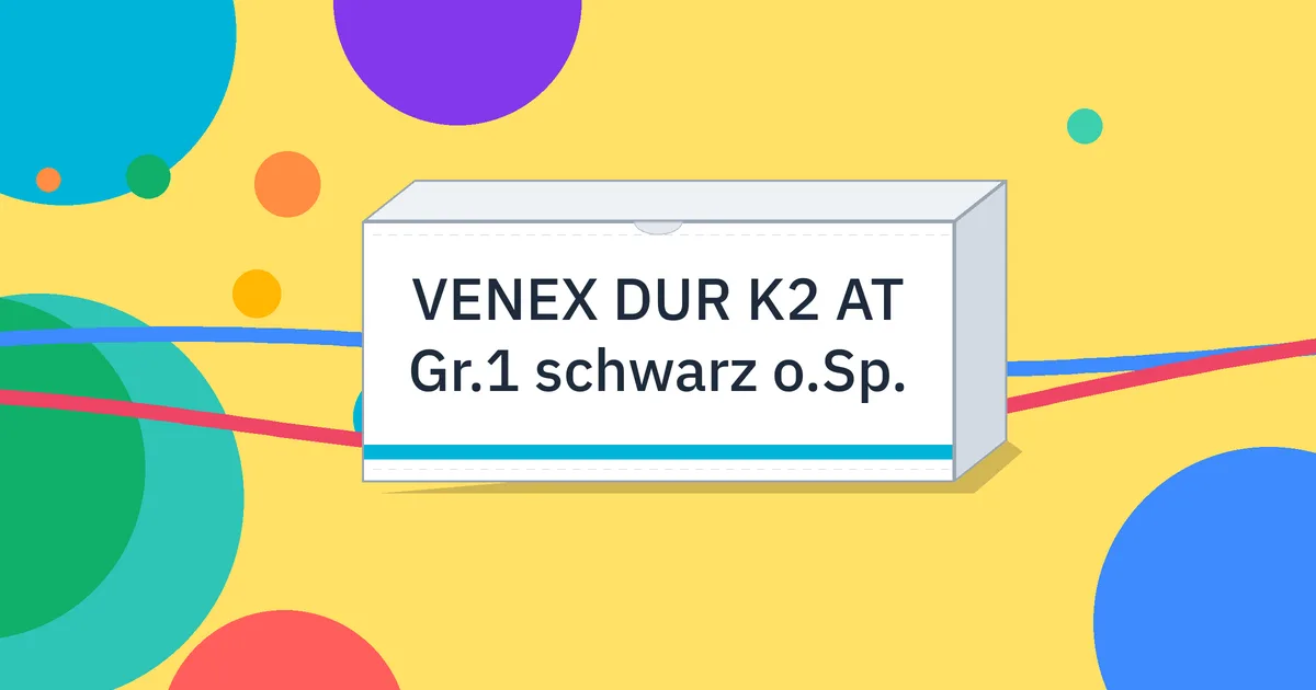 Symbolbild: Packung mit der Aufschrift VENEX DUR K2 AT Gr.1 schwarz o.Sp. (PZN 03224817) – Verfügbarkeit und Bezug in Apotheken in Frankfurt am Main