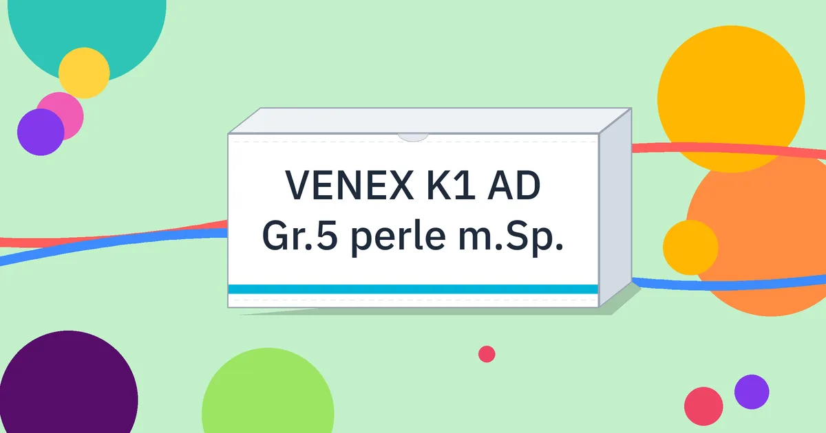 Symbolbild: Packung mit der Aufschrift VENEX K1 AD Gr.5 perle m.Sp. (PZN 03183751) – Verfügbarkeit und Bezug in Apotheken in Frankfurt am Main