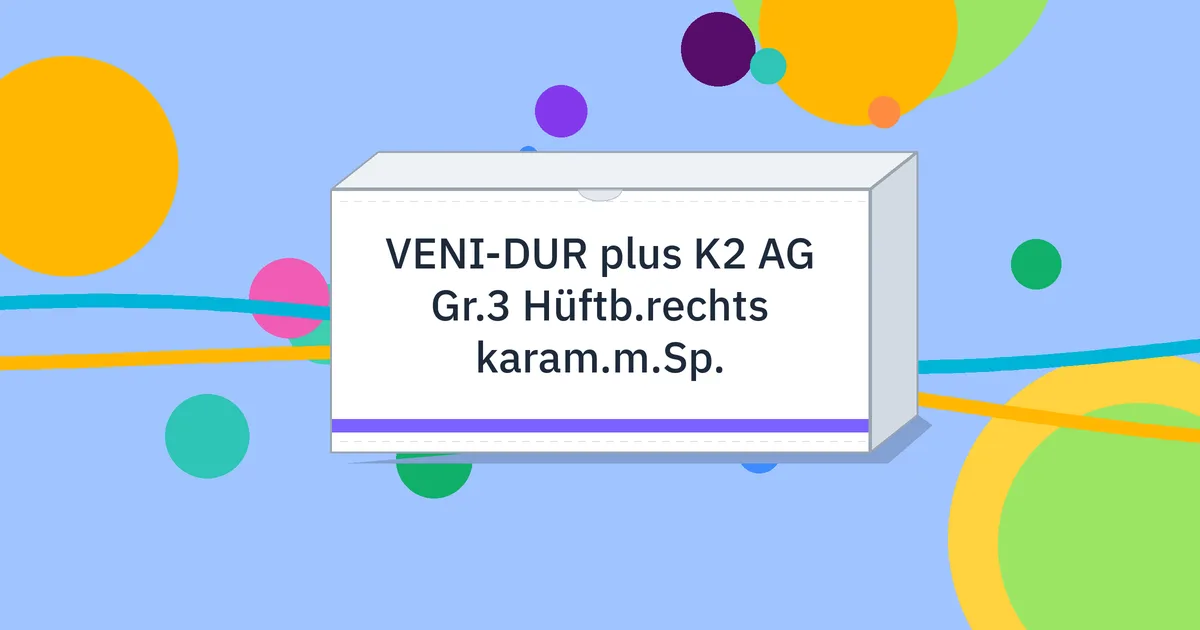 Symbolbild: Packung mit der Aufschrift VENI-DUR plus K2 AG Gr.3 Hüftb.rechts karam.m.Sp. (PZN 13760681) – Verfügbarkeit und Bezug in Apotheken in Frankfurt am Main