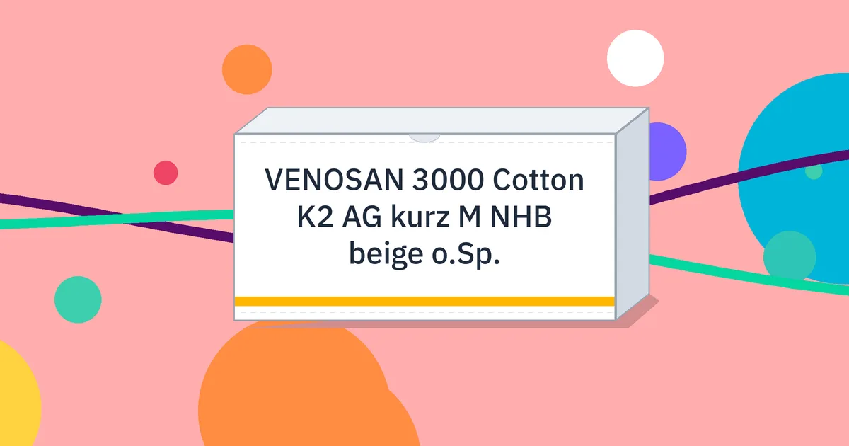 Symbolbild: Packung mit der Aufschrift VENOSAN 3000 Cotton K2 AG kurz M NHB beige o.Sp. (PZN 14421567) – Verfügbarkeit und Bezug in Apotheken in Frankfurt am Main