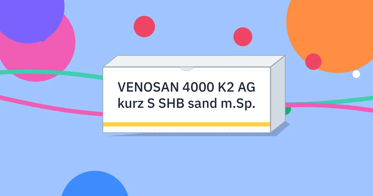 Symbolbild: Packung mit der Aufschrift VENOSAN 4000 K2 AG kurz S SHB sand m.Sp. (PZN 14422762) – Verfügbarkeit und Bezug in Apotheken in Frankfurt am Main