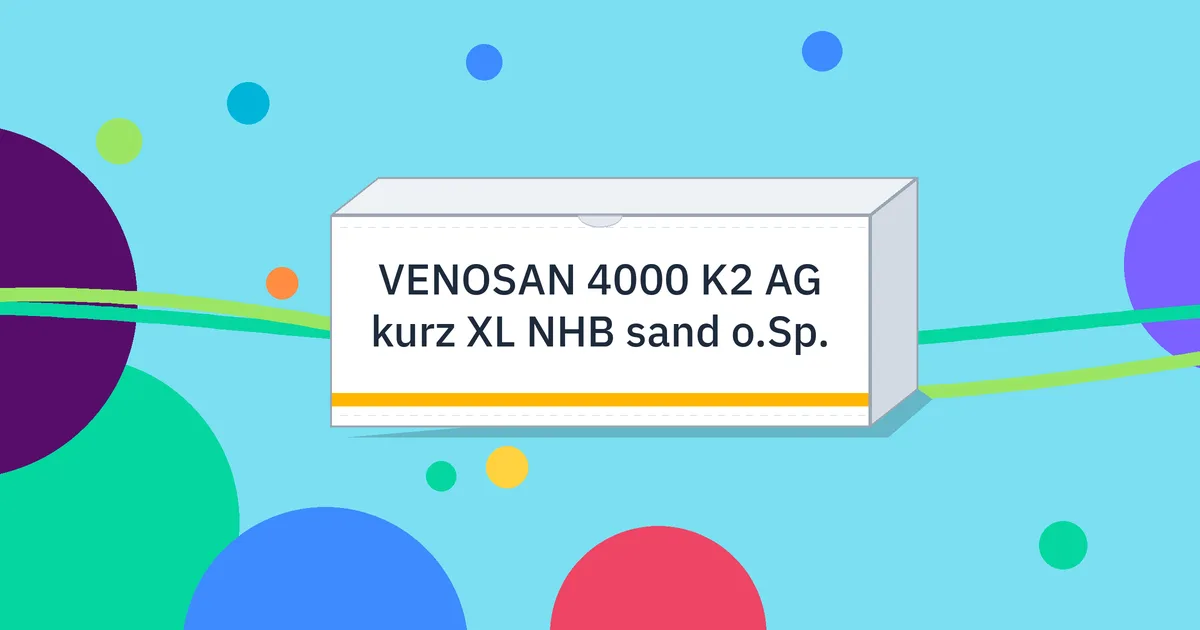 Symbolbild: Packung mit der Aufschrift VENOSAN 4000 K2 AG kurz XL NHB sand o.Sp. (PZN 14422845) – Verfügbarkeit und Bezug in Apotheken in Frankfurt am Main