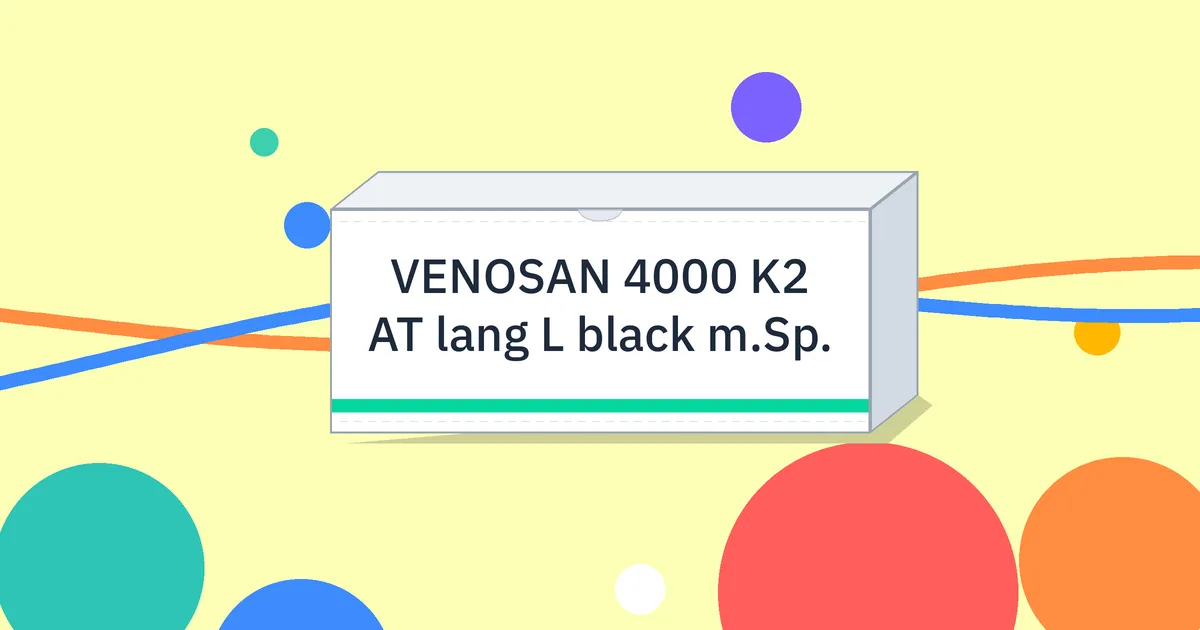 Symbolbild: Packung mit der Aufschrift VENOSAN 4000 K2 AT lang L black m.Sp. (PZN 14427529) – Verfügbarkeit und Bezug in Apotheken in Frankfurt am Main