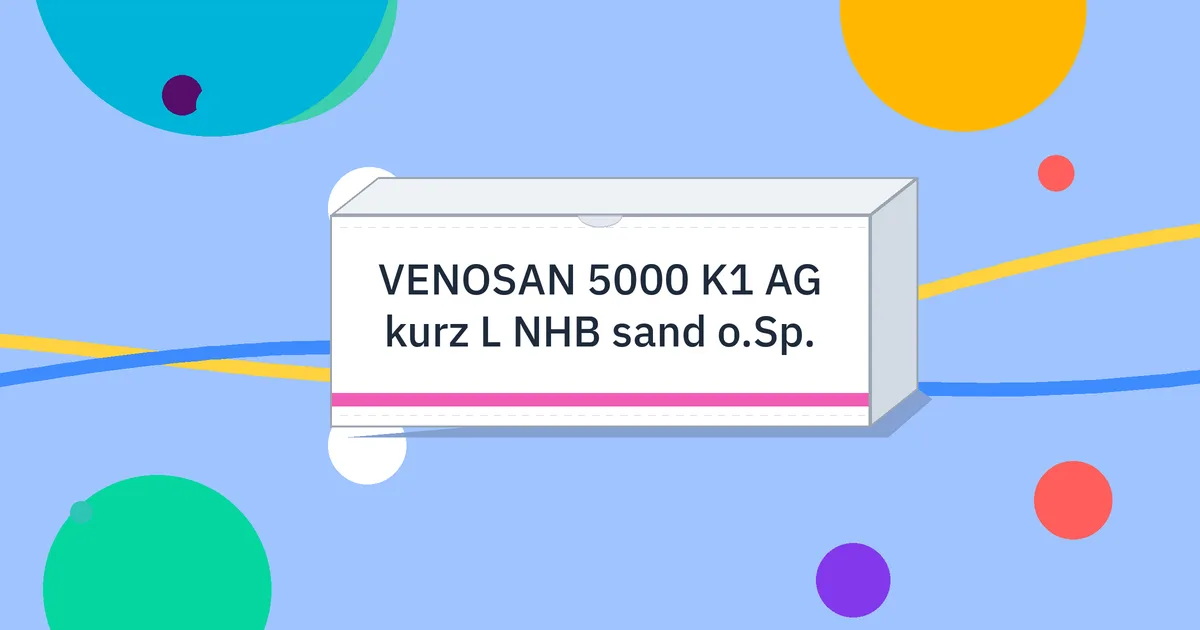 Symbolbild: Packung mit der Aufschrift VENOSAN 5000 K1 AG kurz L NHB sand o.Sp. (PZN 14428440) – Verfügbarkeit und Bezug in Apotheken in Frankfurt am Main