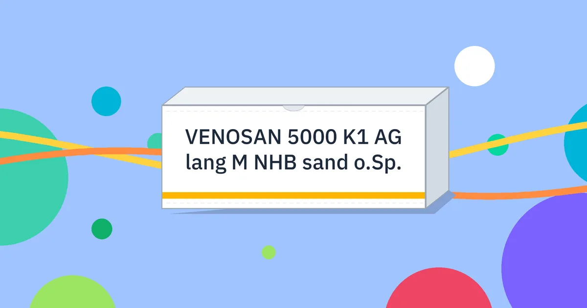 Symbolbild: Packung mit der Aufschrift VENOSAN 5000 K1 AG lang M NHB sand o.Sp. (PZN 14428351) – Verfügbarkeit und Bezug in Apotheken in Frankfurt am Main