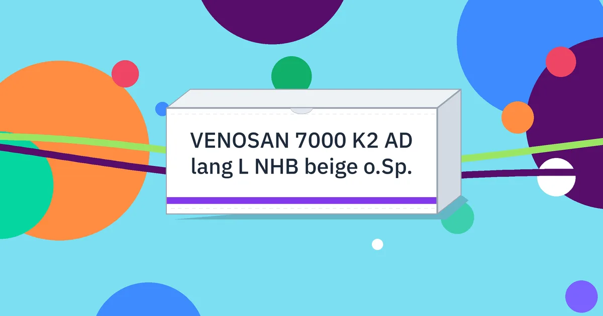 Symbolbild: Packung mit der Aufschrift VENOSAN 7000 K2 AD lang L NHB beige o.Sp. (PZN 14434363) – Verfügbarkeit und Bezug in Apotheken in Frankfurt am Main
