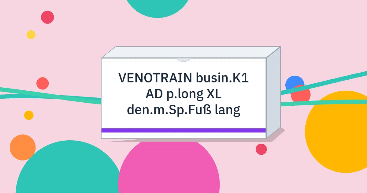 Symbolbild: Packung mit der Aufschrift VENOTRAIN busin.K1 AD p.long XL den.m.Sp.Fuß lang (PZN 19056724) – Verfügbarkeit und Bezug in Apotheken in Frankfurt am Main