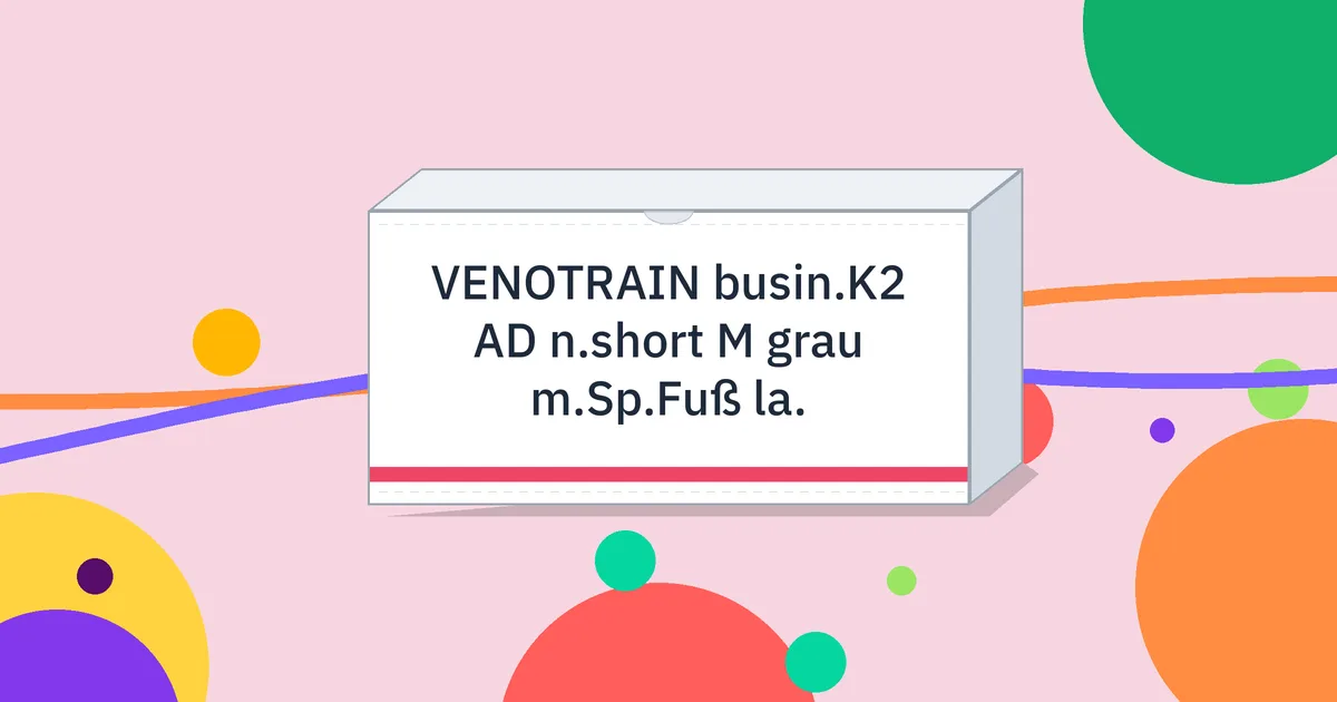 Symbolbild: Packung mit der Aufschrift VENOTRAIN busin.K2 AD n.short M grau m.Sp.Fuß la. (PZN 19056747) – Verfügbarkeit und Bezug in Apotheken in Frankfurt am Main