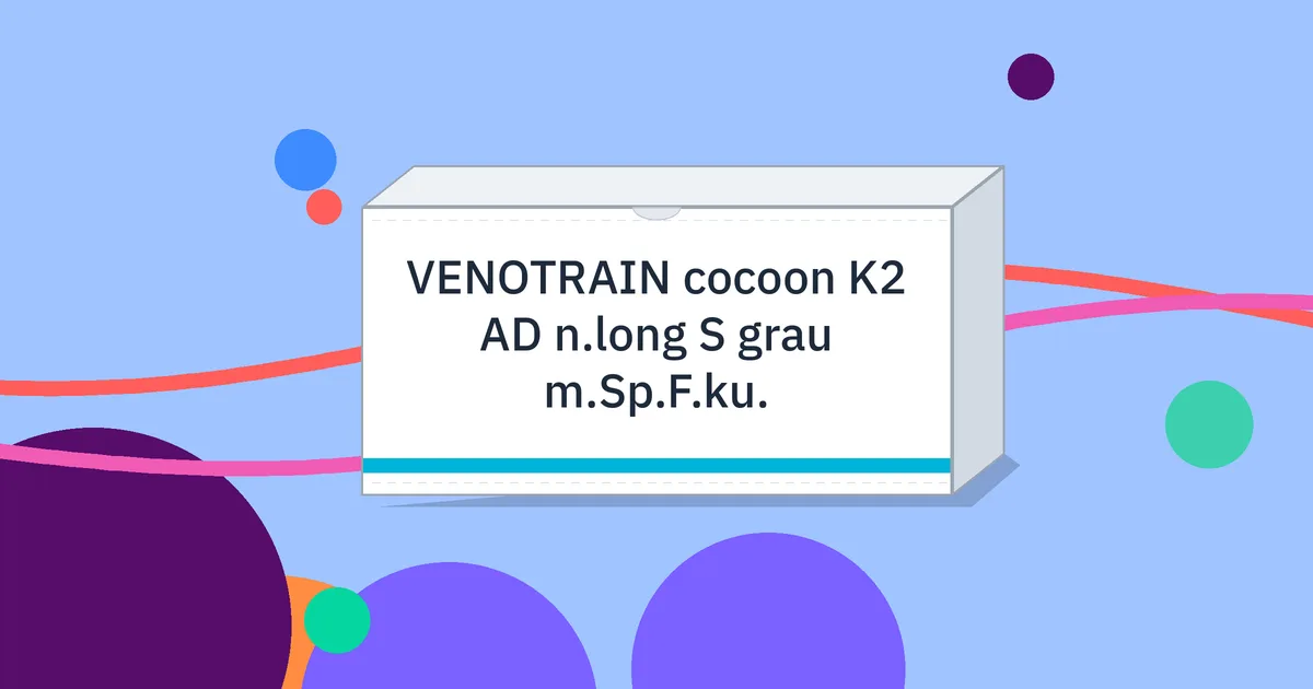 Symbolbild: Packung mit der Aufschrift VENOTRAIN cocoon K2 AD n.long S grau m.Sp.F.ku. (PZN 19198565) – Verfügbarkeit und Bezug in Apotheken in Frankfurt am Main