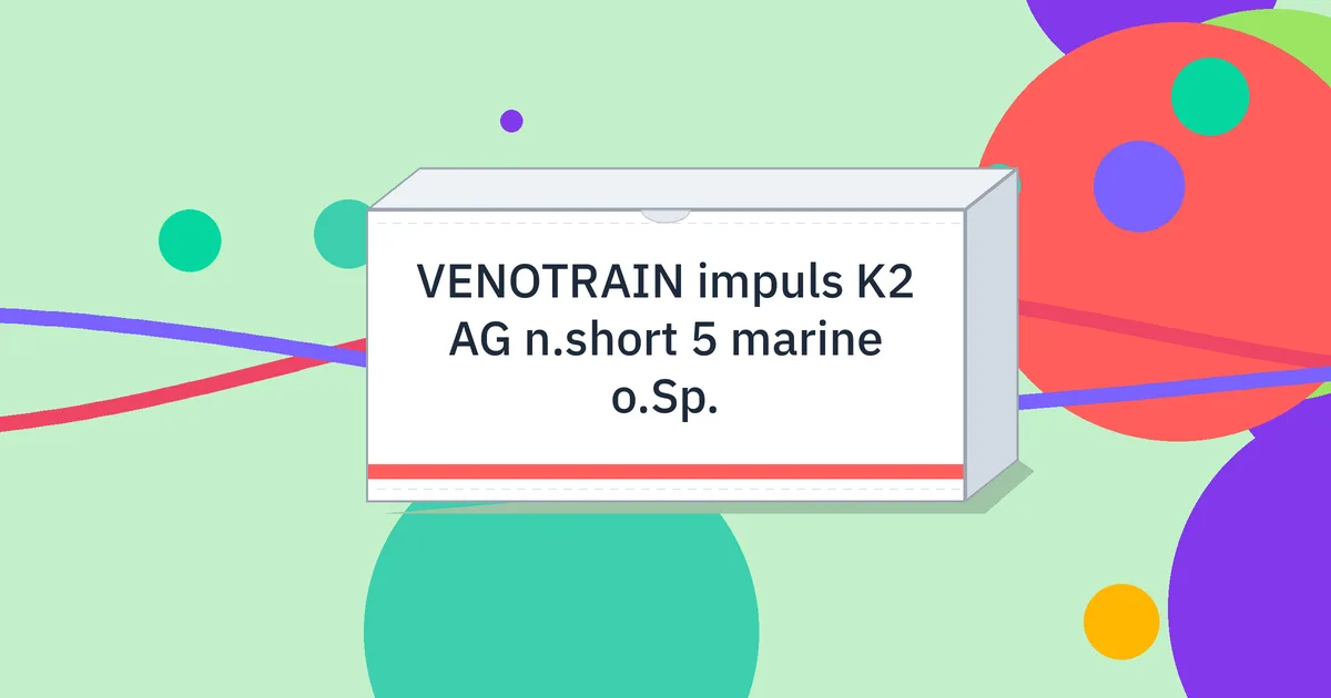 Symbolbild: Packung mit der Aufschrift VENOTRAIN impuls K2 AG n.short 5 marine o.Sp. (PZN 15211990) – Verfügbarkeit und Bezug in Apotheken in Frankfurt am Main