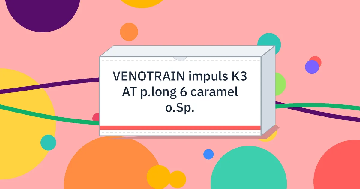 Symbolbild: Packung mit der Aufschrift VENOTRAIN impuls K3 AT p.long 6 caramel o.Sp. (PZN 19355421) – Verfügbarkeit und Bezug in Apotheken in Frankfurt am Main