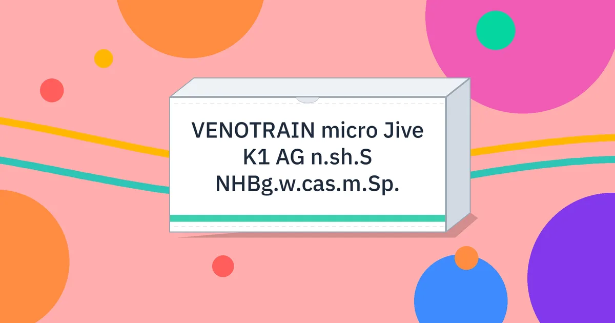 Symbolbild: Packung mit der Aufschrift VENOTRAIN micro Jive K1 AG n.sh.S NHBg.w.cas.m.Sp. (PZN 20767790) – Verfügbarkeit und Bezug in Apotheken in Frankfurt am Main