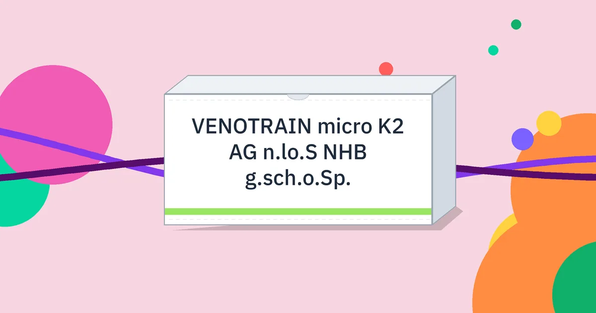 Symbolbild: Packung mit der Aufschrift VENOTRAIN micro K2 AG n.lo.S NHB g.sch.o.Sp. (PZN 06050252) – Verfügbarkeit und Bezug in Apotheken in Frankfurt am Main
