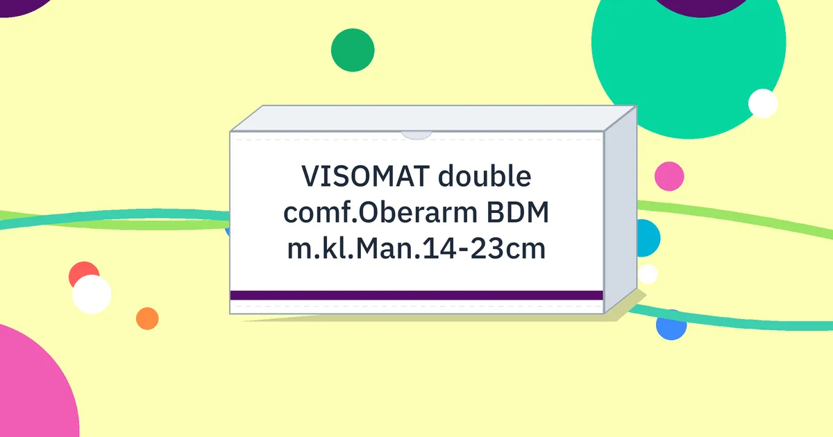 Symbolbild: Packung mit der Aufschrift VISOMAT double comf.Oberarm BDM m.kl.Man.14-23cm (PZN 19367246) – Verfügbarkeit und Bezug in Apotheken in Frankfurt am Main