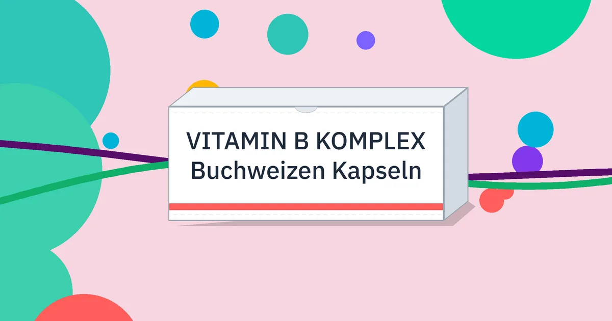 Symbolbild: Packung mit der Aufschrift VITAMIN B KOMPLEX Buchweizen Kapseln (PZN 19899345) – Verfügbarkeit und Bezug in Apotheken in Frankfurt am Main