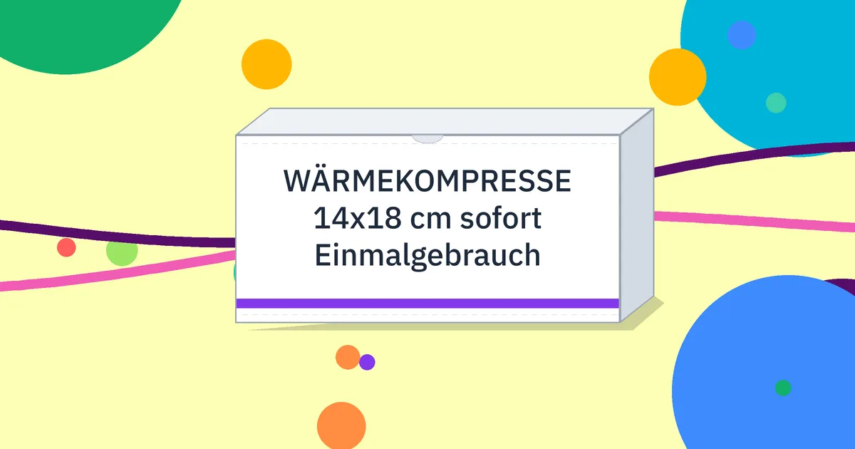 Symbolbild: Packung mit der Aufschrift WÄRMEKOMPRESSE 14x18 cm sofort Einmalgebrauch (PZN 20948712) – Verfügbarkeit und Bezug in Apotheken in Frankfurt am Main