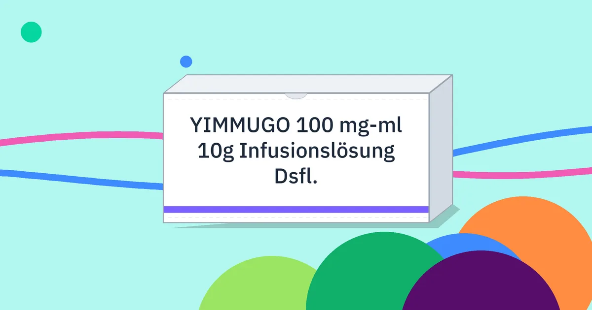 Symbolbild: Packung mit der Aufschrift YIMMUGO 100 mg-ml 10g Infusionslösung Dsfl. (PZN 18030510) – Verfügbarkeit und Bezug in Apotheken in Frankfurt am Main