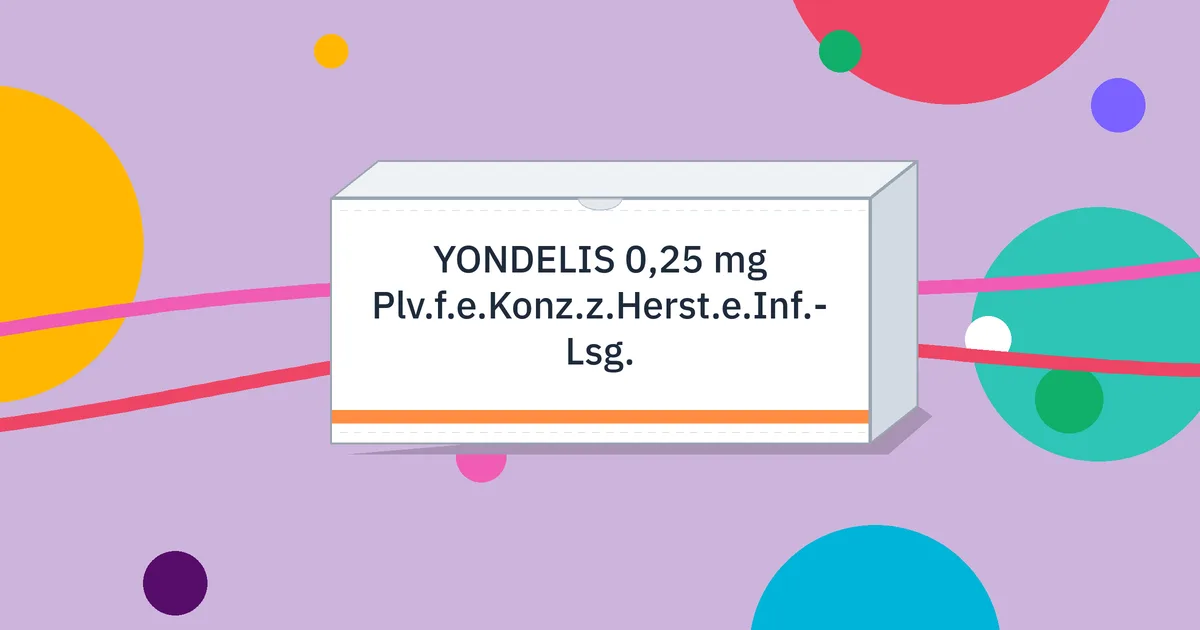 Symbolbild: Packung mit der Aufschrift YONDELIS 0,25 mg Plv.f.e.Konz.z.Herst.e.Inf.-Lsg. (PZN 05495093) – Verfügbarkeit und Bezug in Apotheken in Frankfurt am Main