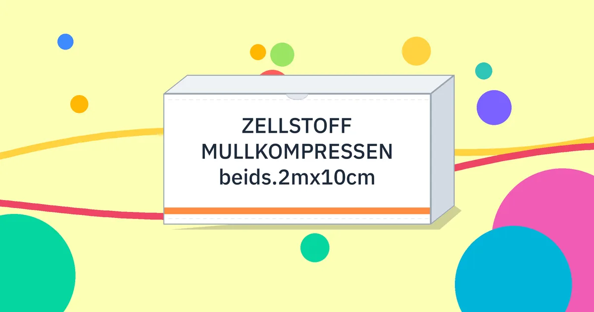 Symbolbild: Packung mit der Aufschrift ZELLSTOFF MULLKOMPRESSEN beids.2mx10cm (PZN 01723019) – Verfügbarkeit und Bezug in Apotheken in Frankfurt am Main