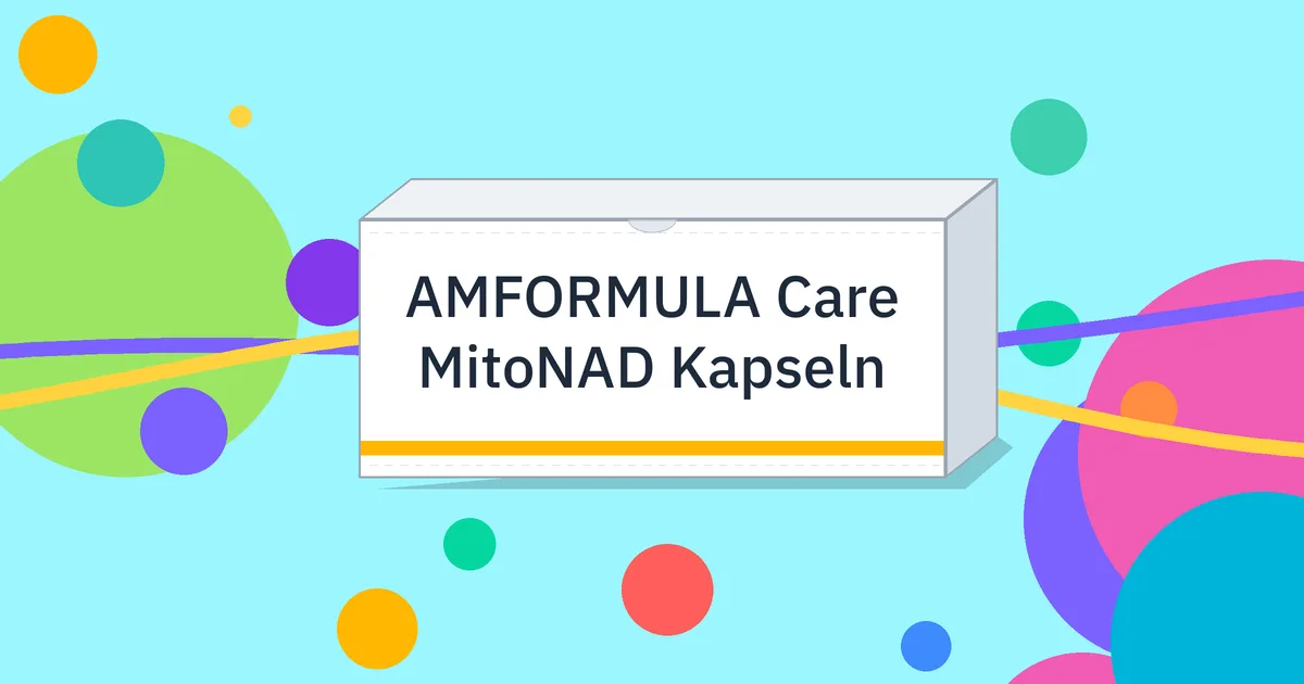 Symbolbild: Packung mit der Aufschrift AMFORMULA Care MitoNAD Kapseln (PZN 20838308) – Verfügbarkeit und Bezug in Apotheken in Frankfurt am Main