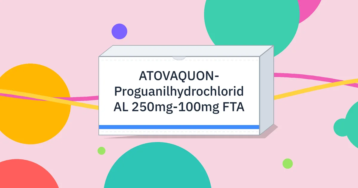 Symbolbild: Packung mit der Aufschrift ATOVAQUON-Proguanilhydrochlorid AL 250mg-100mg FTA (PZN 07201747) – Verfügbarkeit und Bezug in Apotheken in Frankfurt am Main