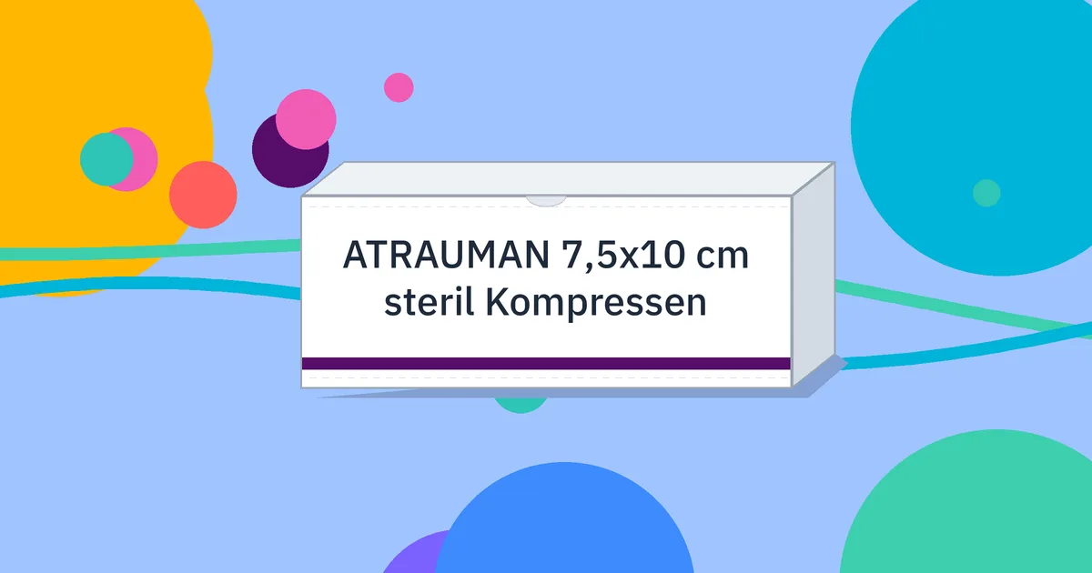 Symbolbild: Packung mit der Aufschrift ATRAUMAN 7,5x10 cm steril Kompressen (PZN 20416116) – Verfügbarkeit und Bezug in Apotheken in Frankfurt am Main